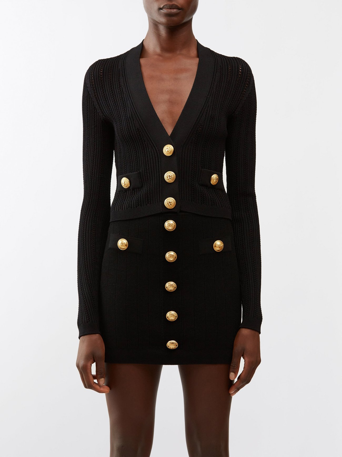 BALMAIN V-Neck Pointelle-Knit Cardigan in Black | Endource