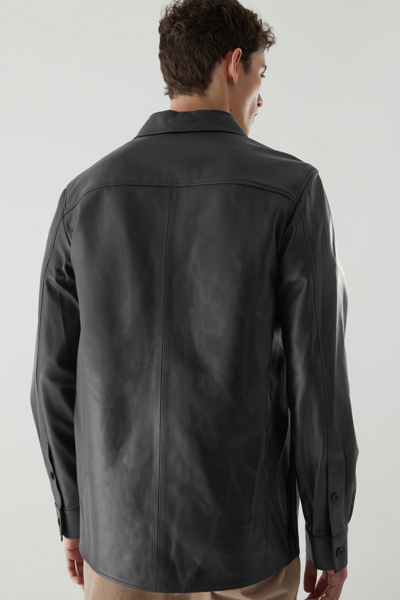 COS Lamb Leather Overshirt in black | endource