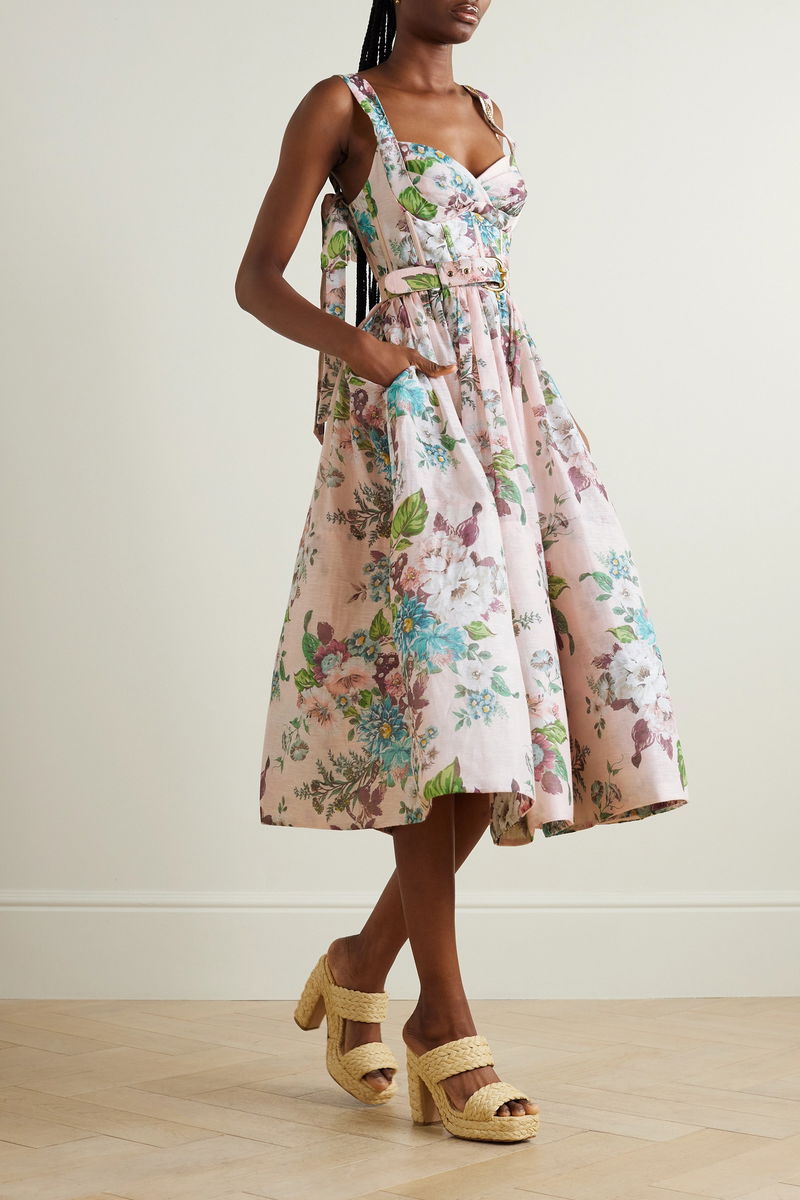 Zimmermann Matchmaker Belted Floral Print Linen And Silk Blend Midi