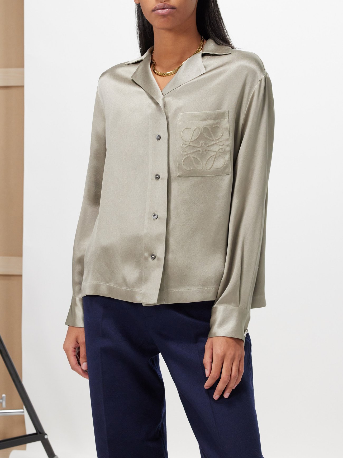 LOEWE Anagram-Embroidered Silk-Blend Satin Blouse in Green | Endource