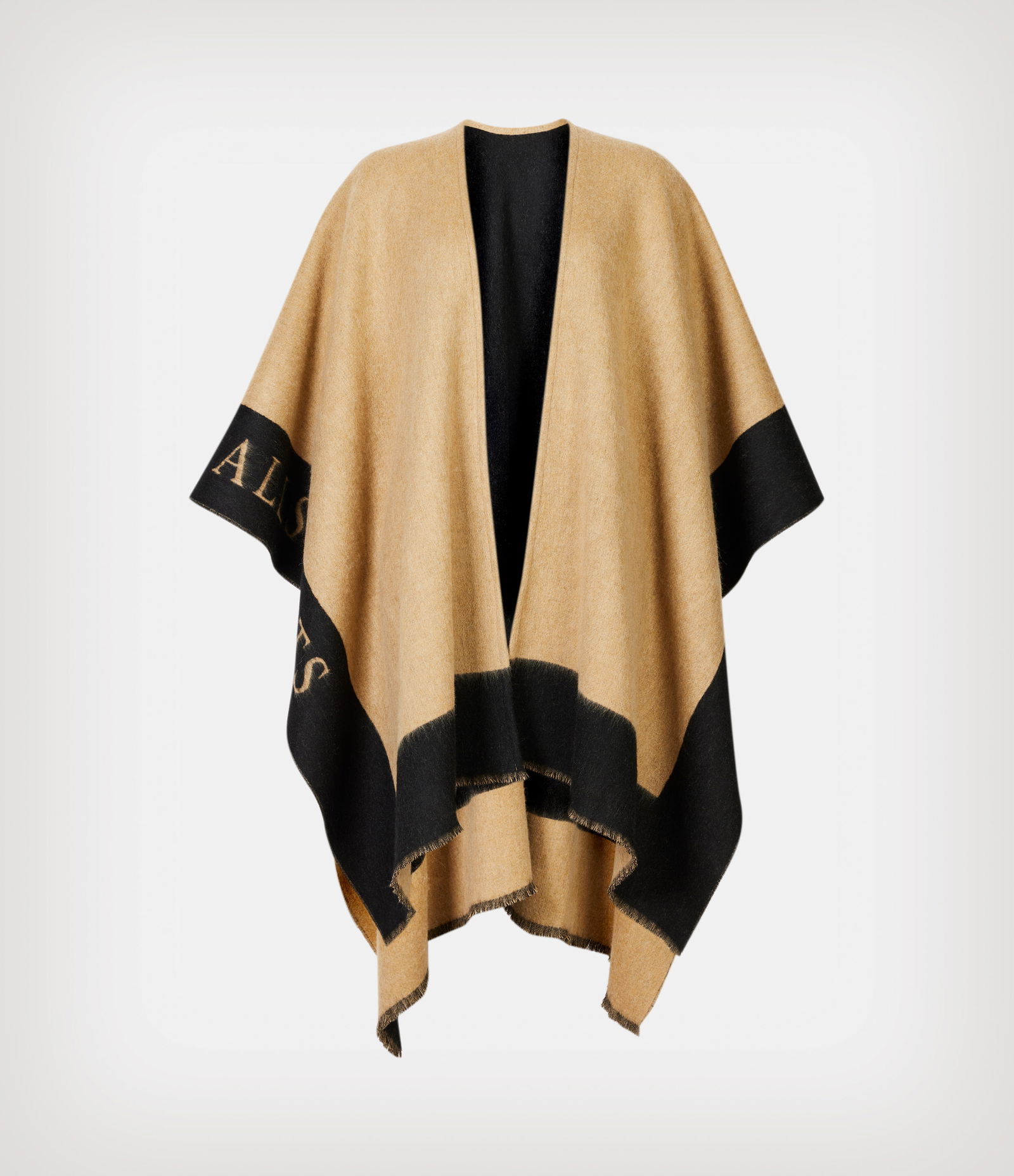 ALLSAINTS Saints Border Ruana Wool Scarf in Camel/Black | endource