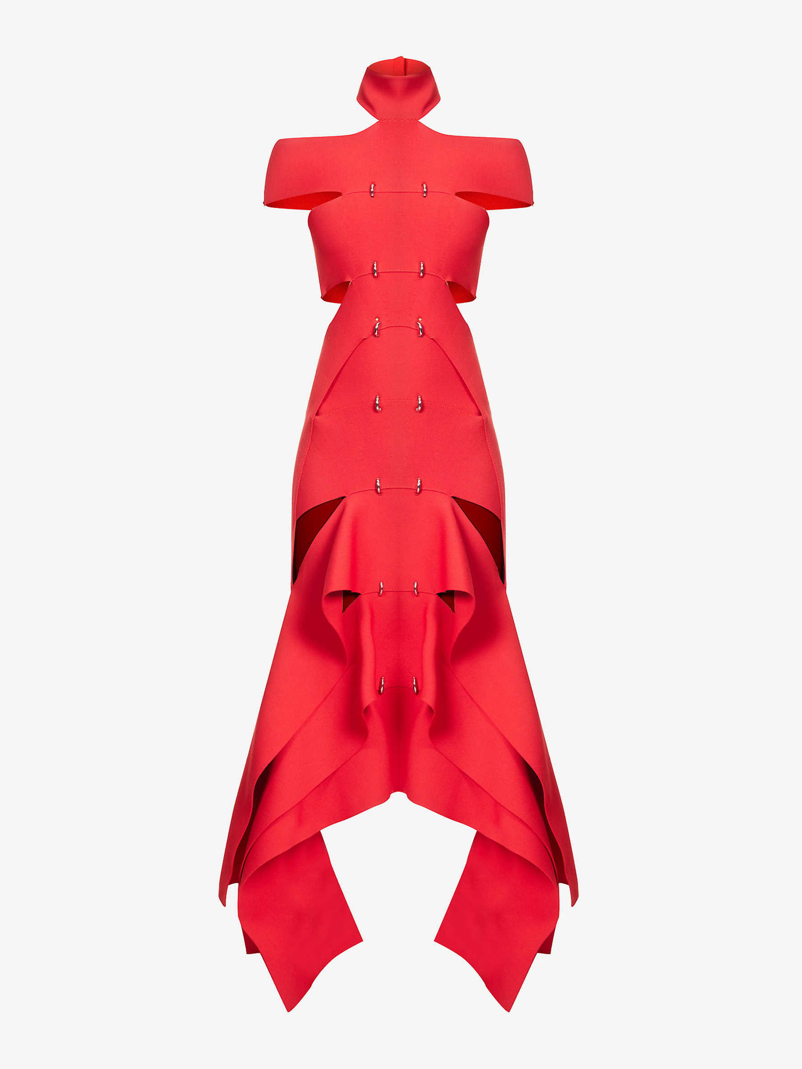 ALEXANDER MCQUEEN Spine Cut-Out Knitted Maxi Dress in Lust Red | endource