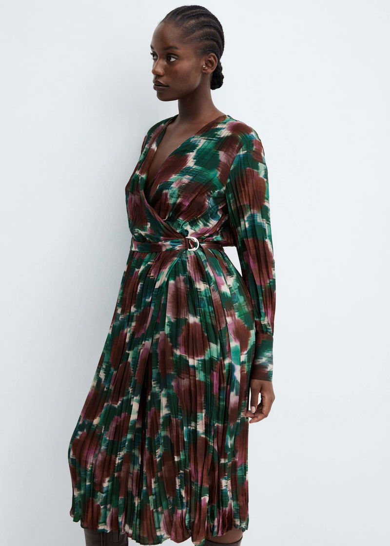 Mango Pleated Wrap Dress In Green Endource