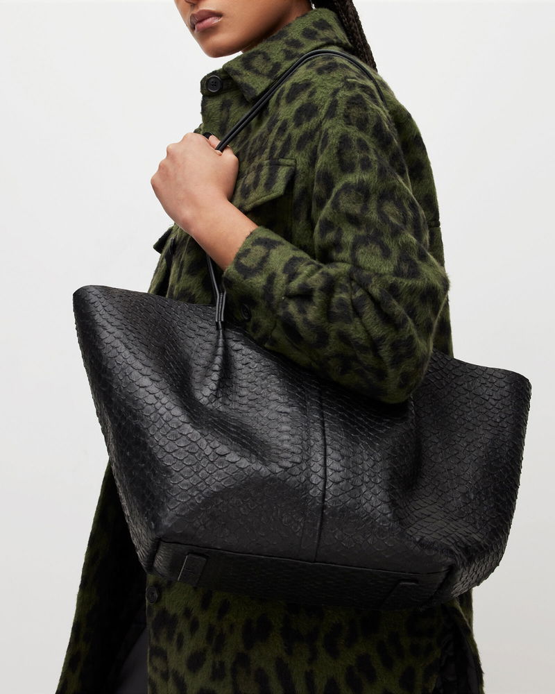ALLSAINTS Hannah Leather Python Tote Bag in Black | endource