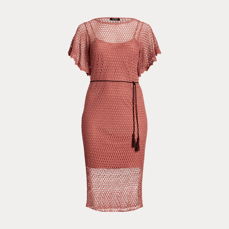 LAUREN RALPH LAUREN Curve Belted Linen-Blend Pointelle-Knit Dress in Pink | endource