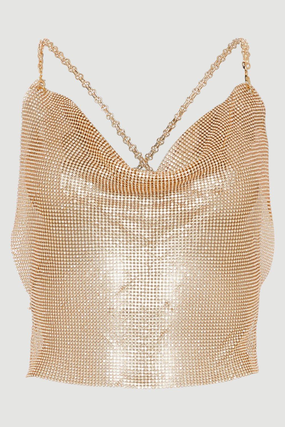 KAREN MILLEN Diamante Chain Mail Cowl Cami in Gold | endource