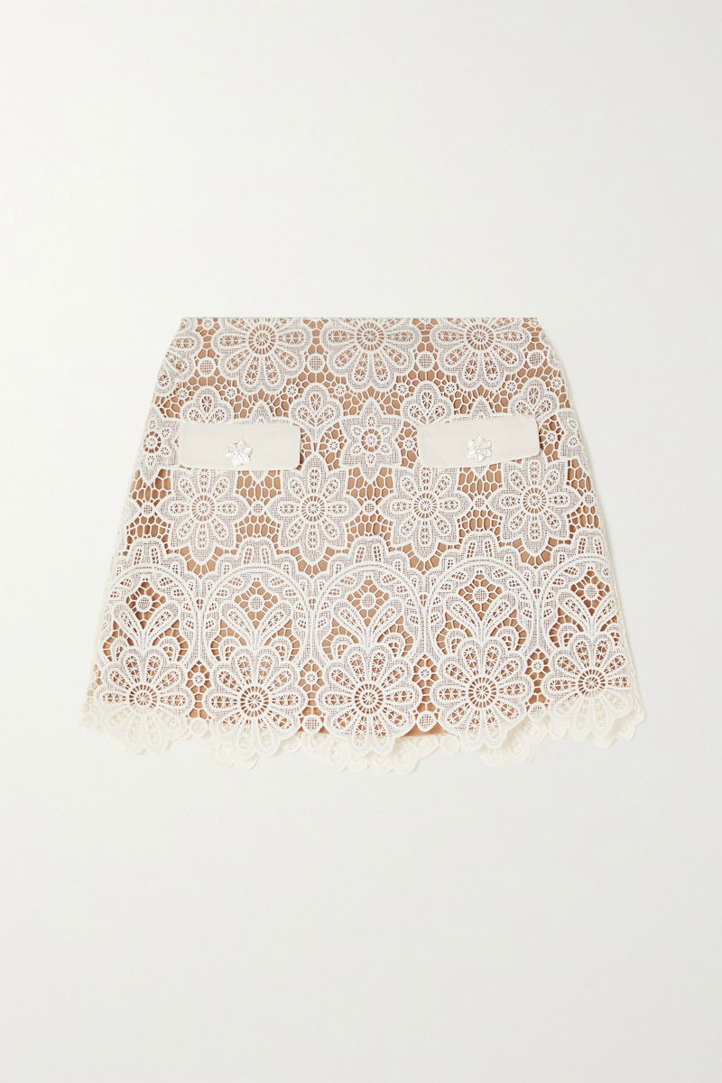 Self Portrait Crystal Embellished Guipure Lace Mini Skirt In Ivory