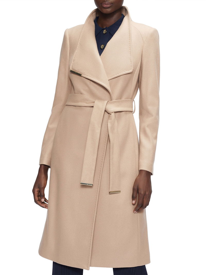 TED BAKER Rose Midi Wool Wrap Coat With Shoulder Panels in CAMEL | Endource