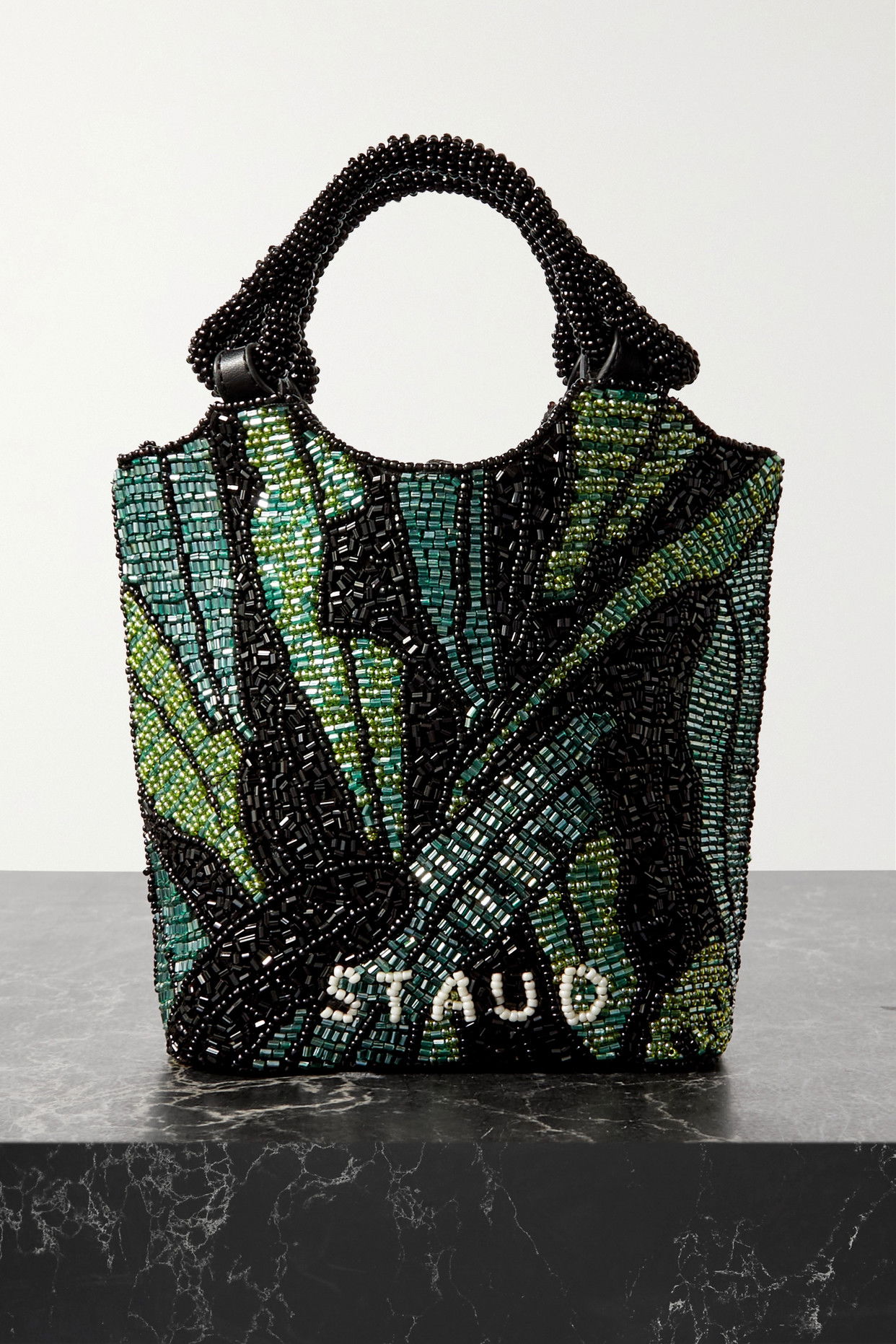 STAUD Zoe Leather-Trimmed Beaded Satin Tote | endource