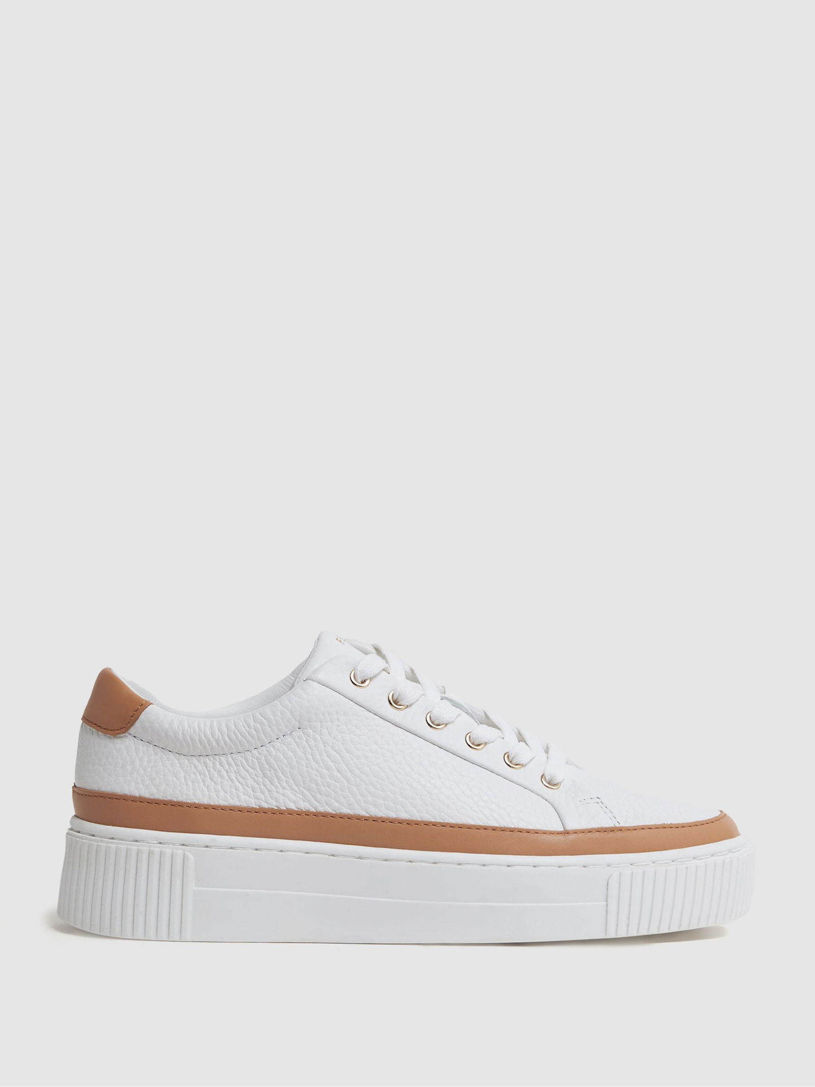 REISS Leanne Grained Leather Platform Trainers in Camel/White | Endource