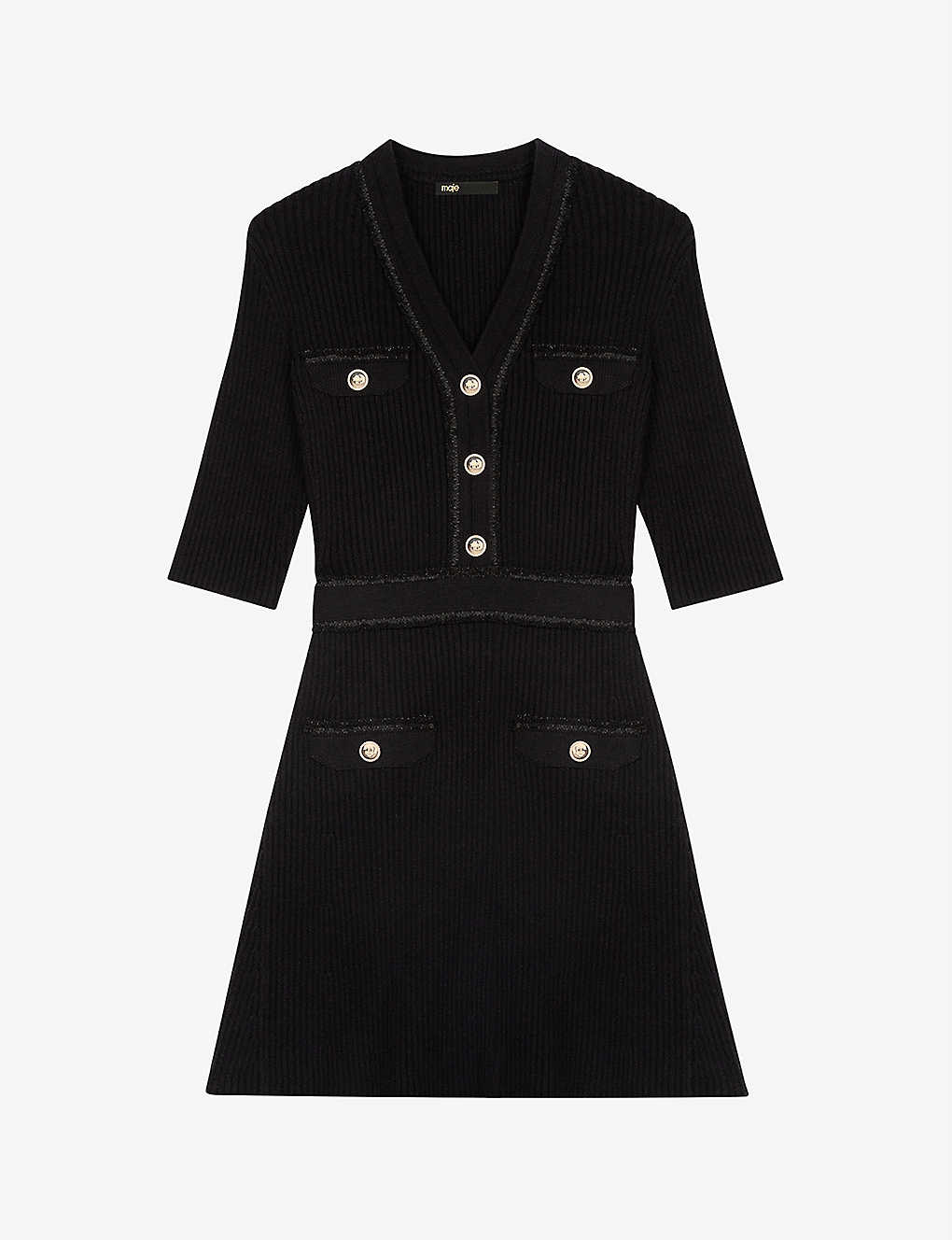 MAJE Rimosala Ribbed Buttoned Stretch-Knit Mini Dress in NOIRGRIS ...