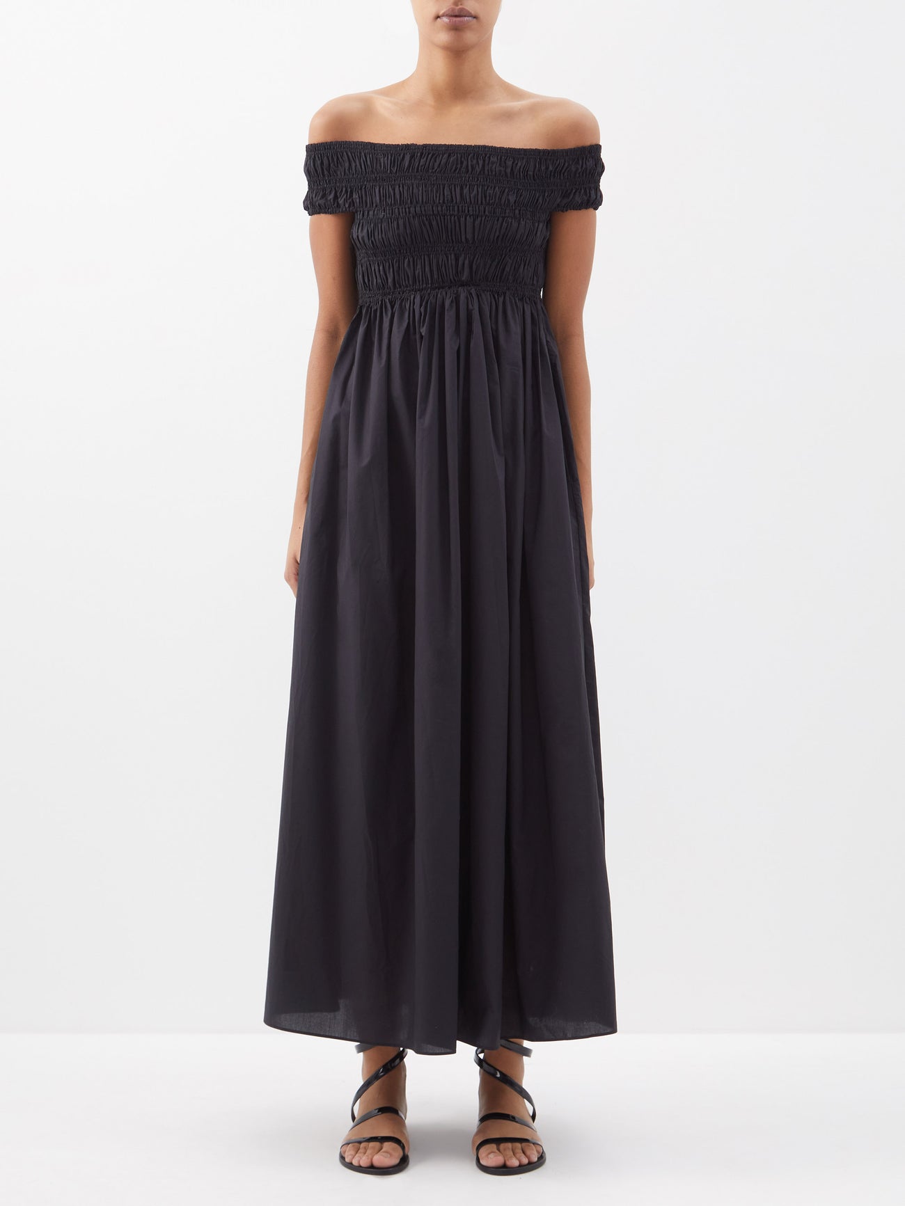 MATTEAU Shirred Off-The-Shoulder Dress in Black | endource