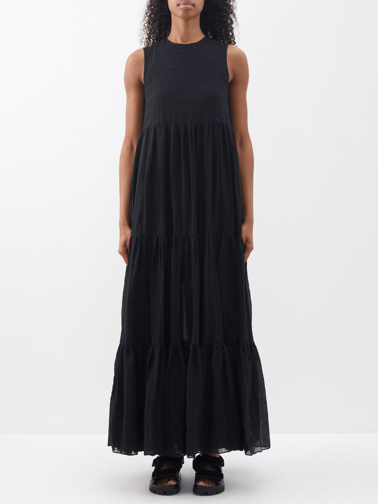 RAEY Sheer Mega-Tiered Cotton Dress in Black | endource