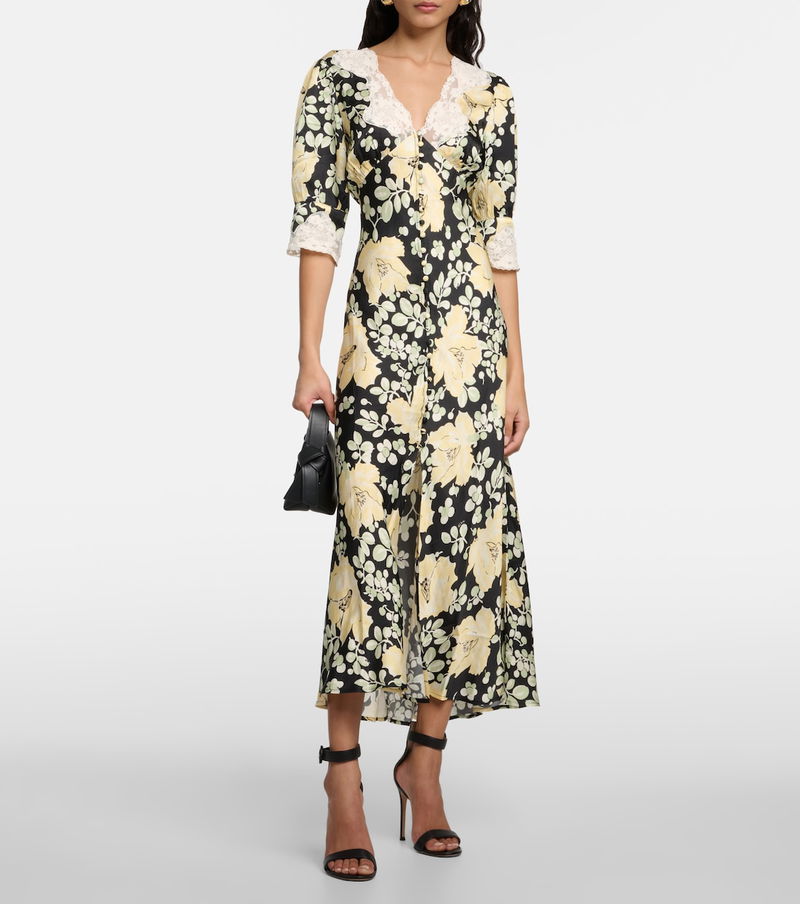 RIXO Simone Floral Satin Midi Dress in Yellow | endource
