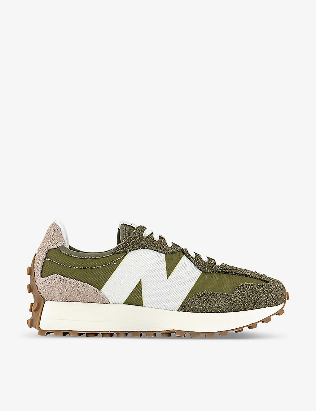 NEW BALANCE 327 Brand-Patch Mid-Top Trainers in DARK MOSS WHITE GUM ...