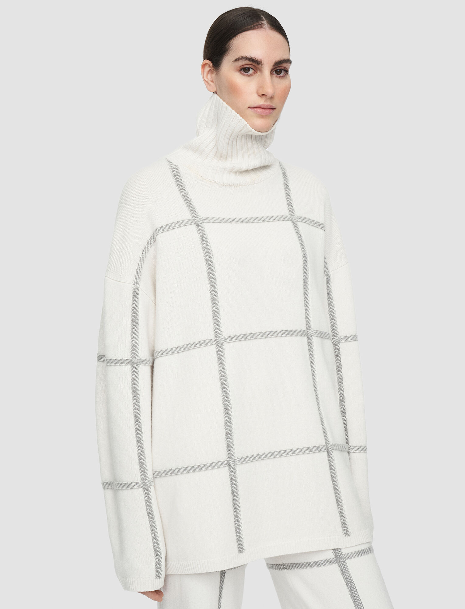 JOSEPH Check Knit High Neck Jumper in Ivory Combo | endource