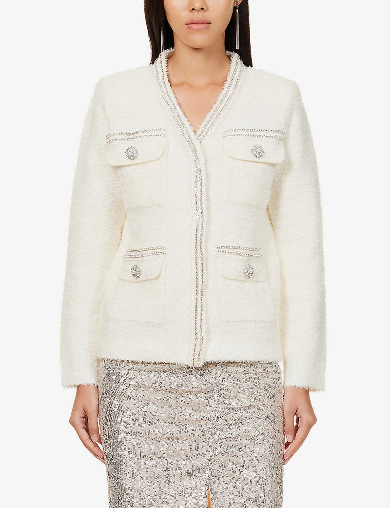 SELF-PORTRAIT Rhinestone-Trimmed Button-Embellished Knitted Cardigan in ...
