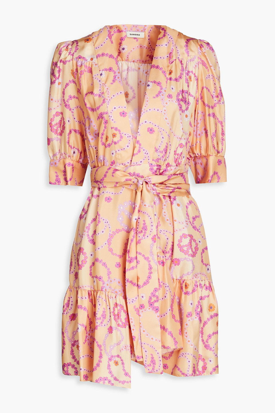 SANDRO Gathered Floral Silk-Twill Mini Wrap Dress in Orange | endource
