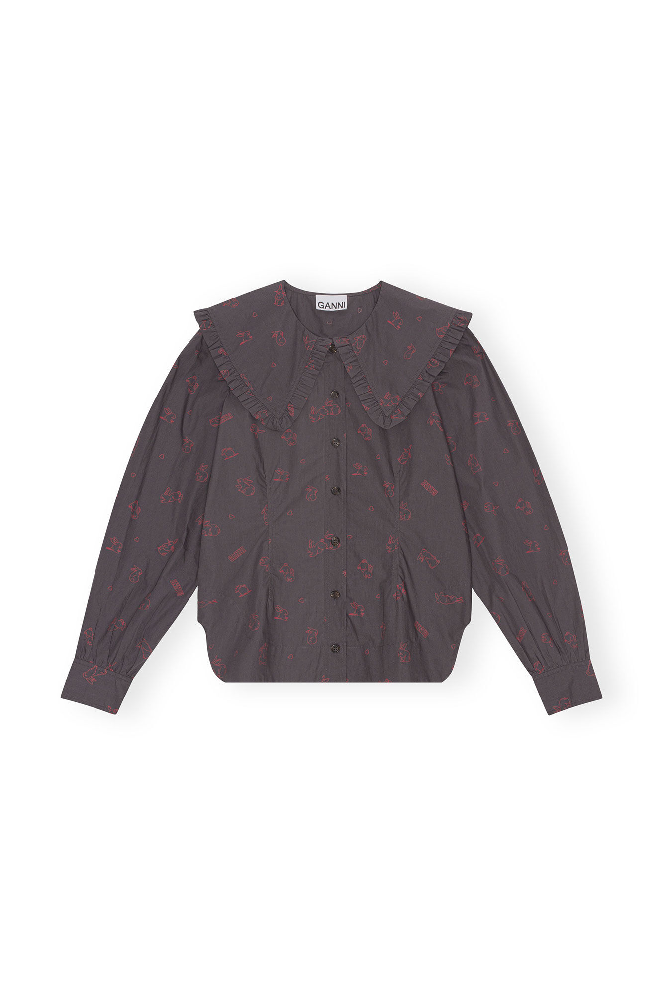 GANNI Printed Frill Collar Shirt in Volcanic Ash | Endource