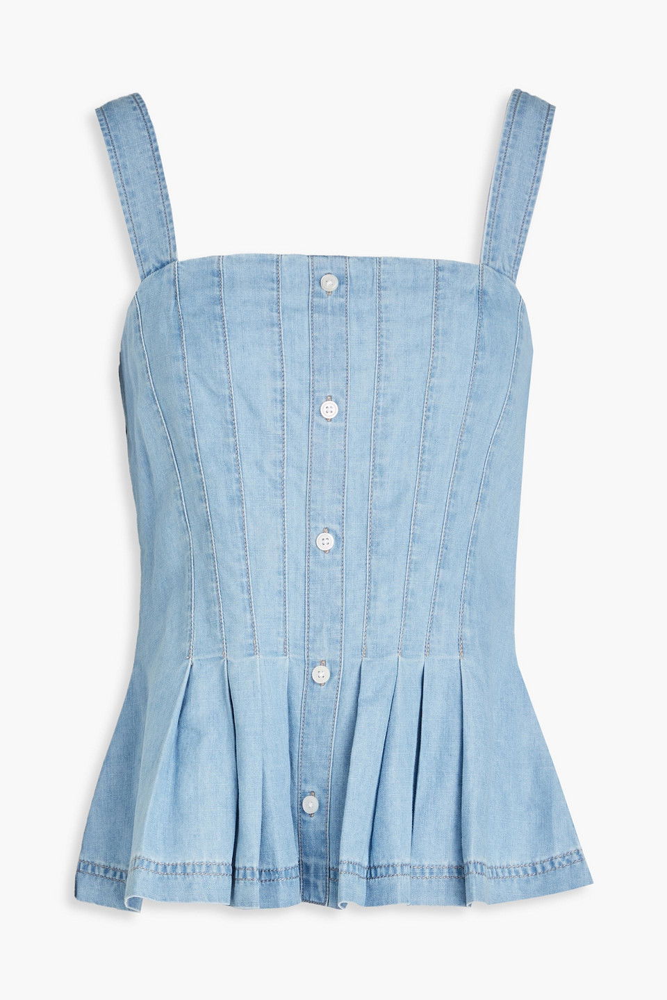 VERONICA BEARD Pleated Cotton-Blend Chambray Top in Blue | endource