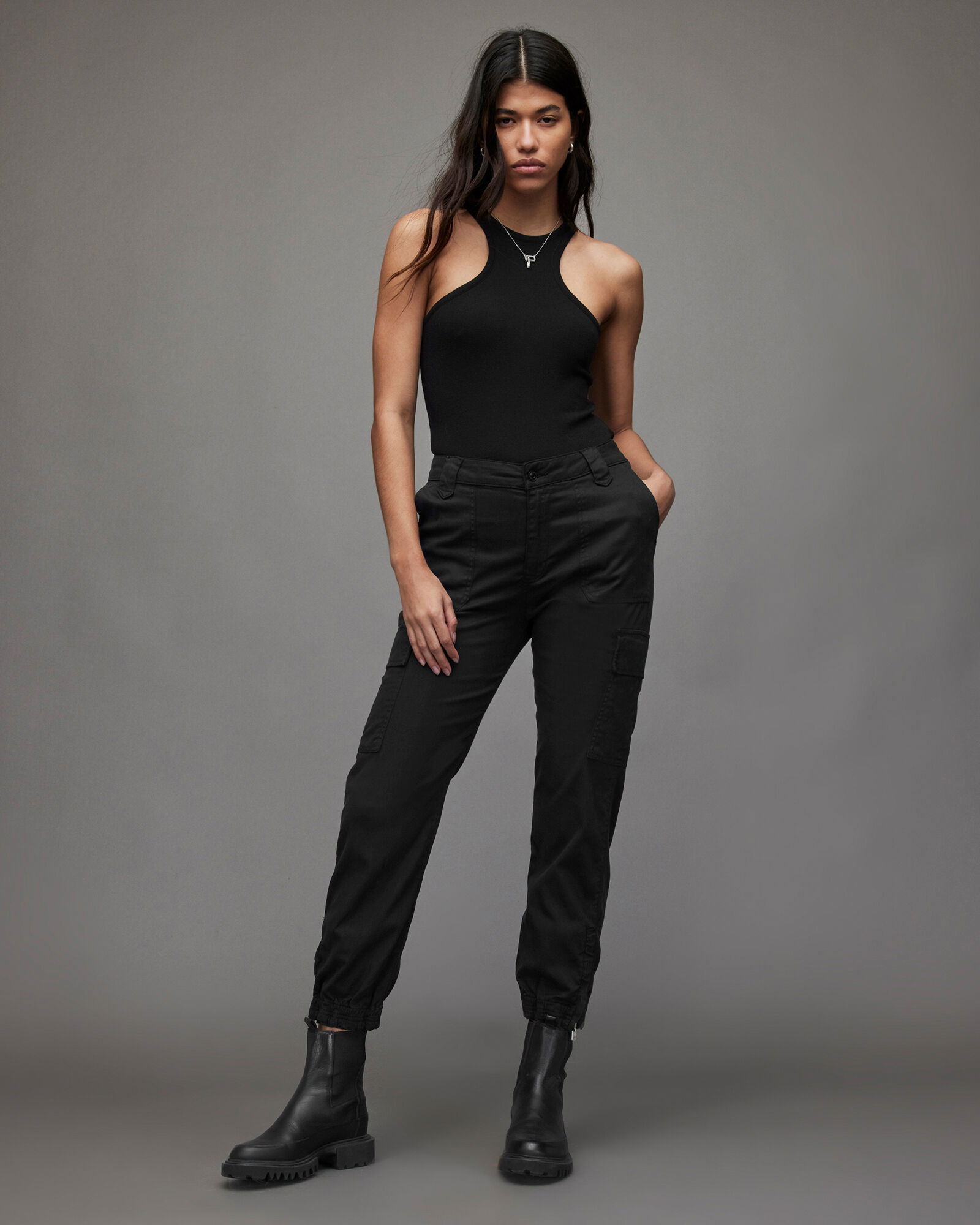 ALLSAINTS Nola High Rise Slim Cargo Joggers in Black | endource