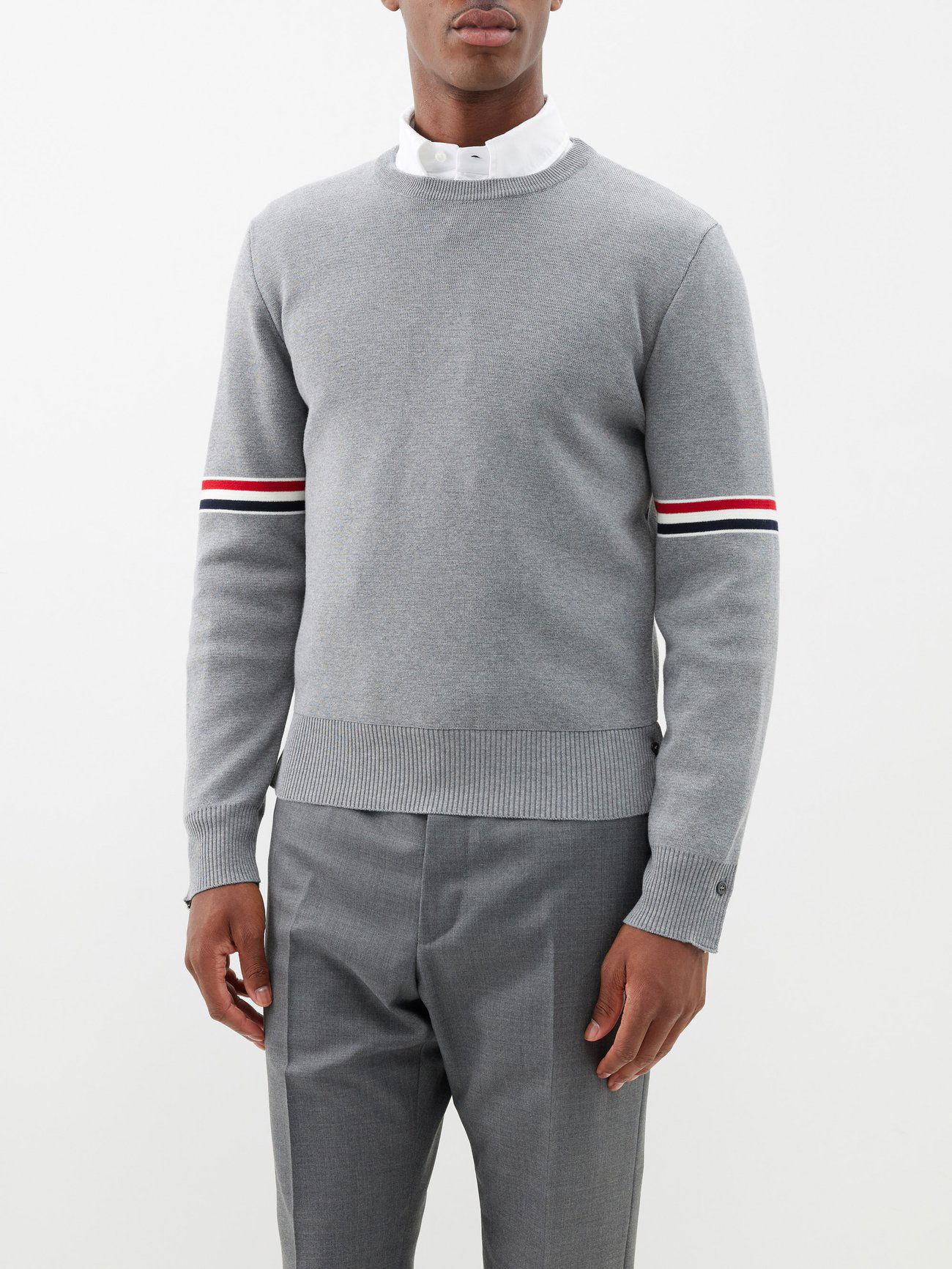 Thom Browne Tricolour-Stripe Milano-Stitch Cotton Sweater in Grey | Endource