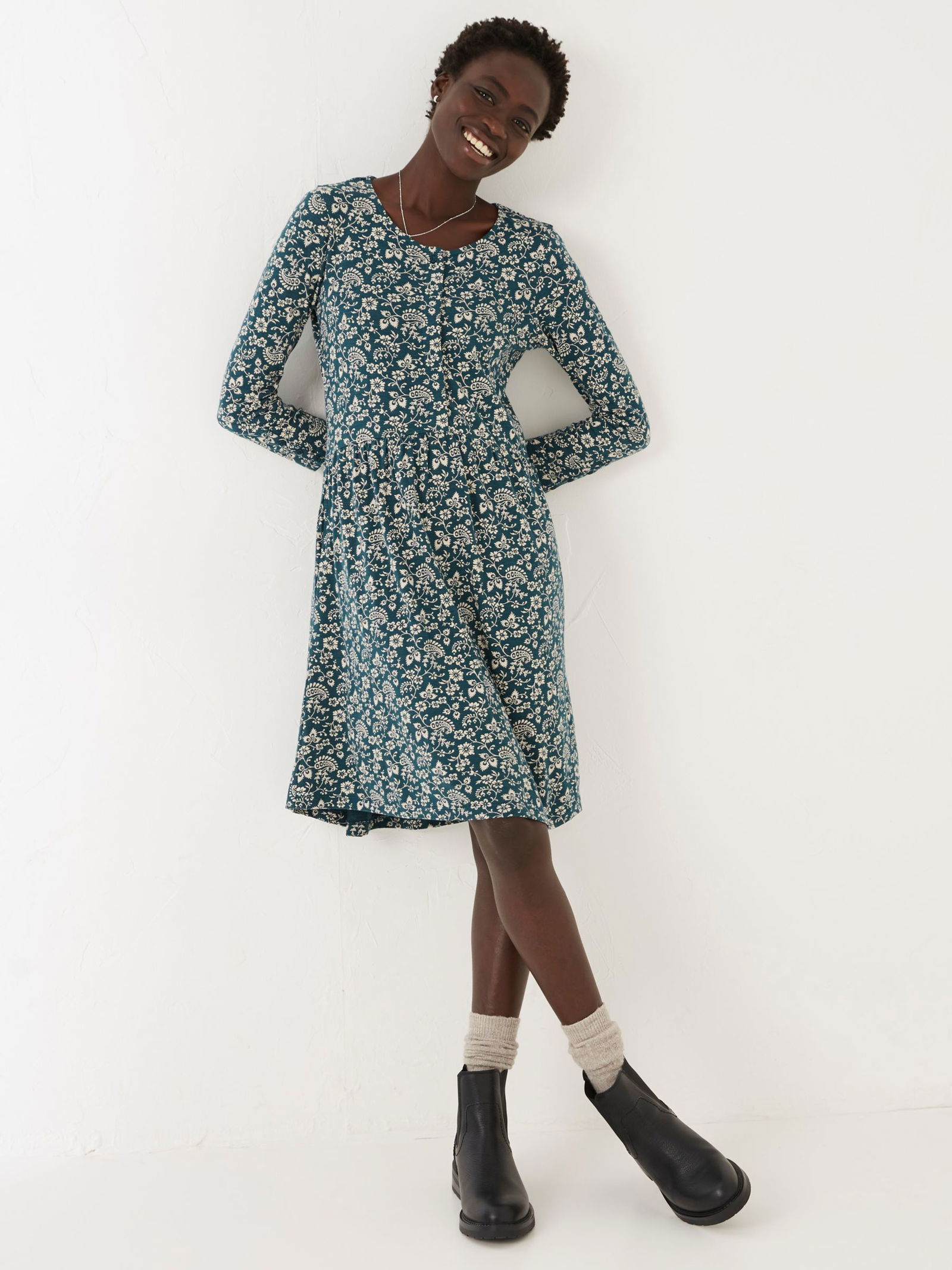 FATFACE Nina Prairie Jersey Knee Length Dress in Teal Green/Multi ...