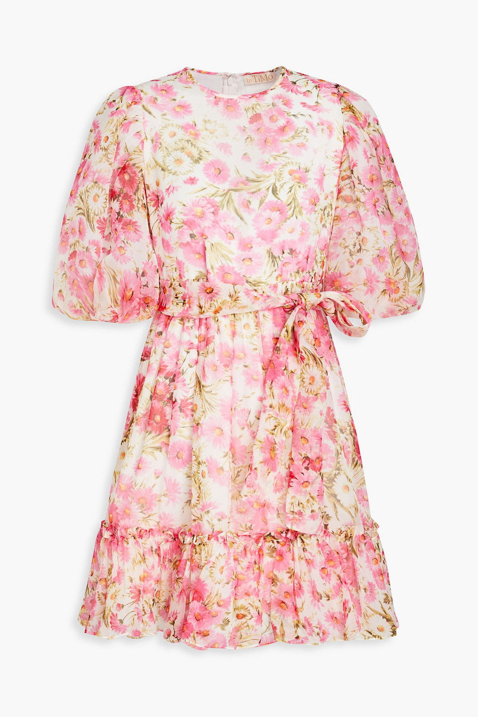 BYTIMO Gathered Floral-Print Organza Mini Dress in Pink | endource