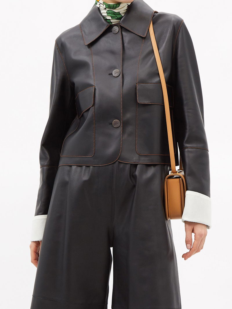 LOEWE Cropped Leather Jacket in Black | endource