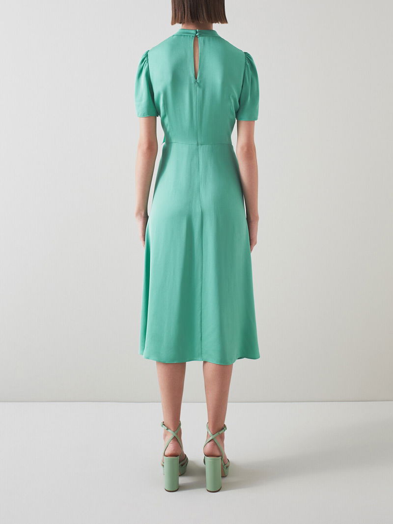 L.K. BENNETT Kline Jade Crepe Tie-Neck Midi Dress in Green | Endource