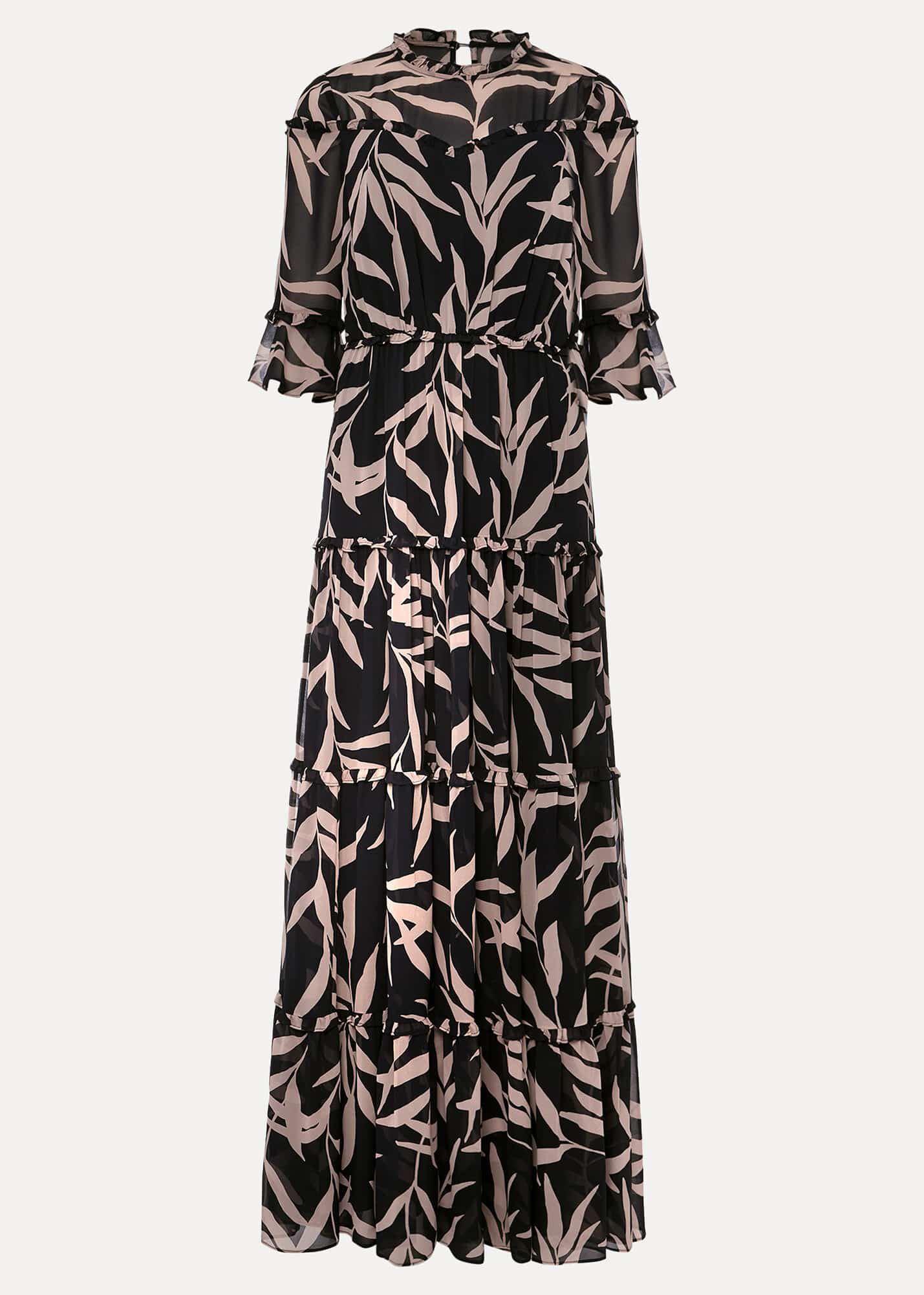 PHASE EIGHT Amber Leaf Print Tiered Maxi Dress in Navy/Taupe | endource