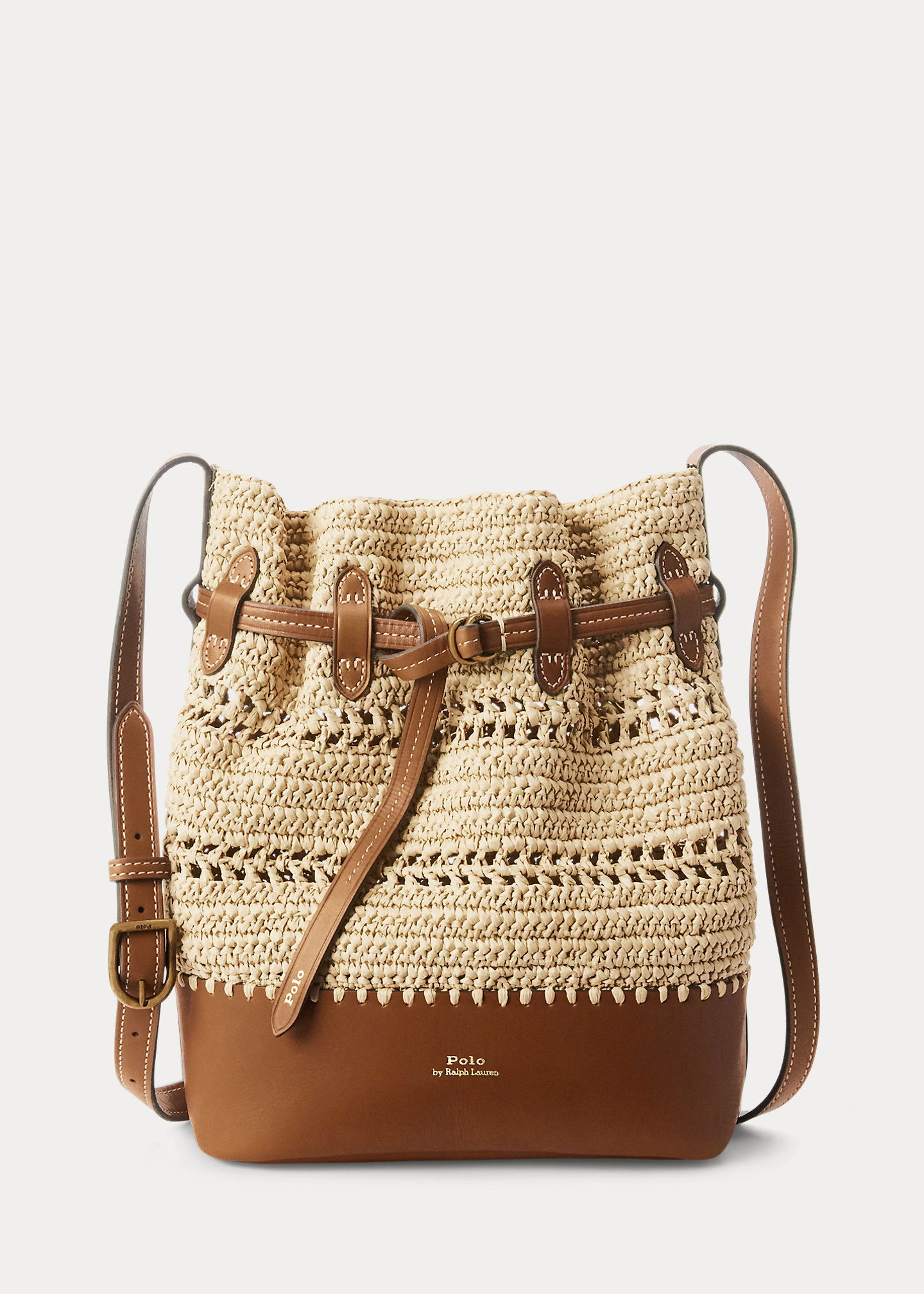POLO RALPH LAUREN Raffia Medium Bellport Bucket Bag in Natural/Cuoio ...