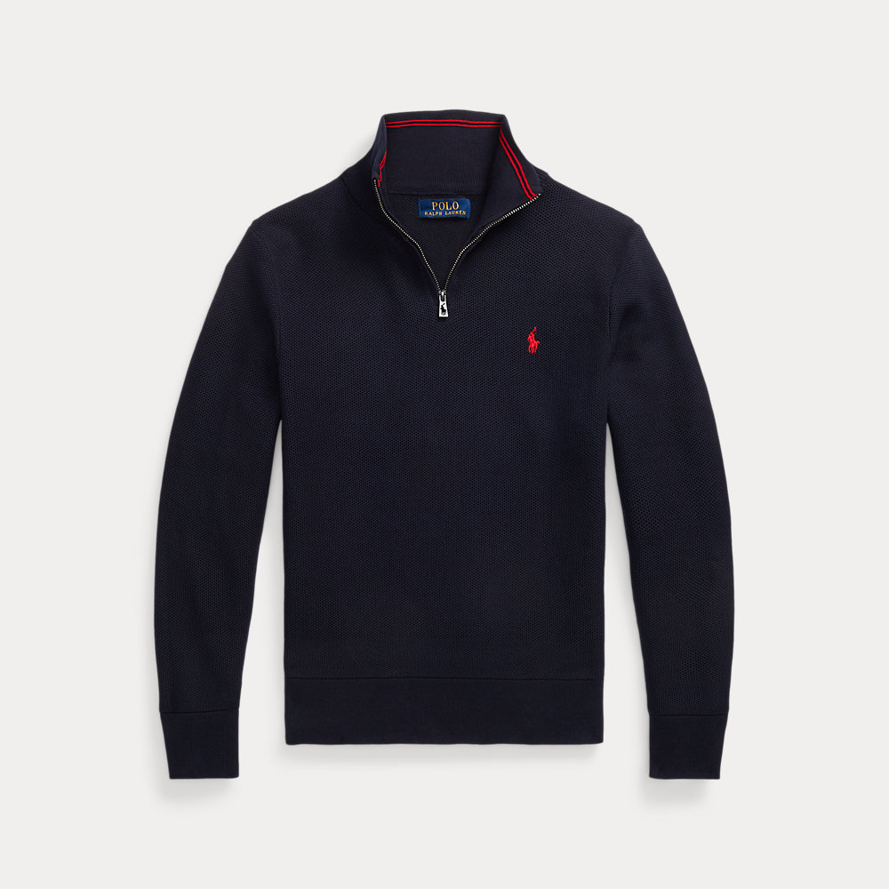 RALPH LAUREN Mesh-Knit Cotton Quarter-Zip Jumper in Blue | endource