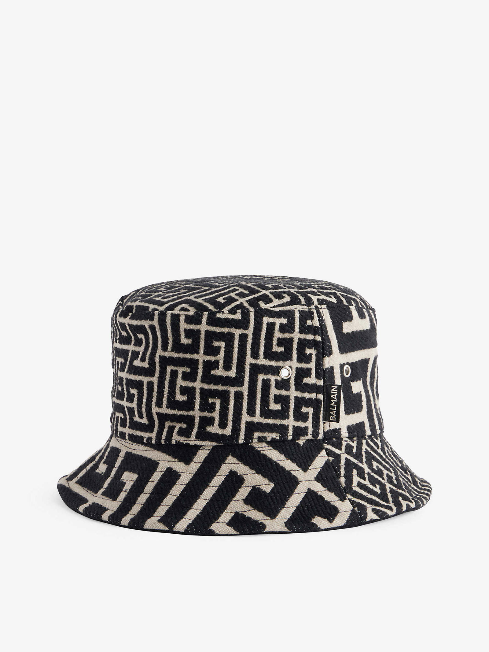 BALMAIN Monogram-Pattern Wide-Brim Cotton Bucket Hat in BLACK GRAY ...