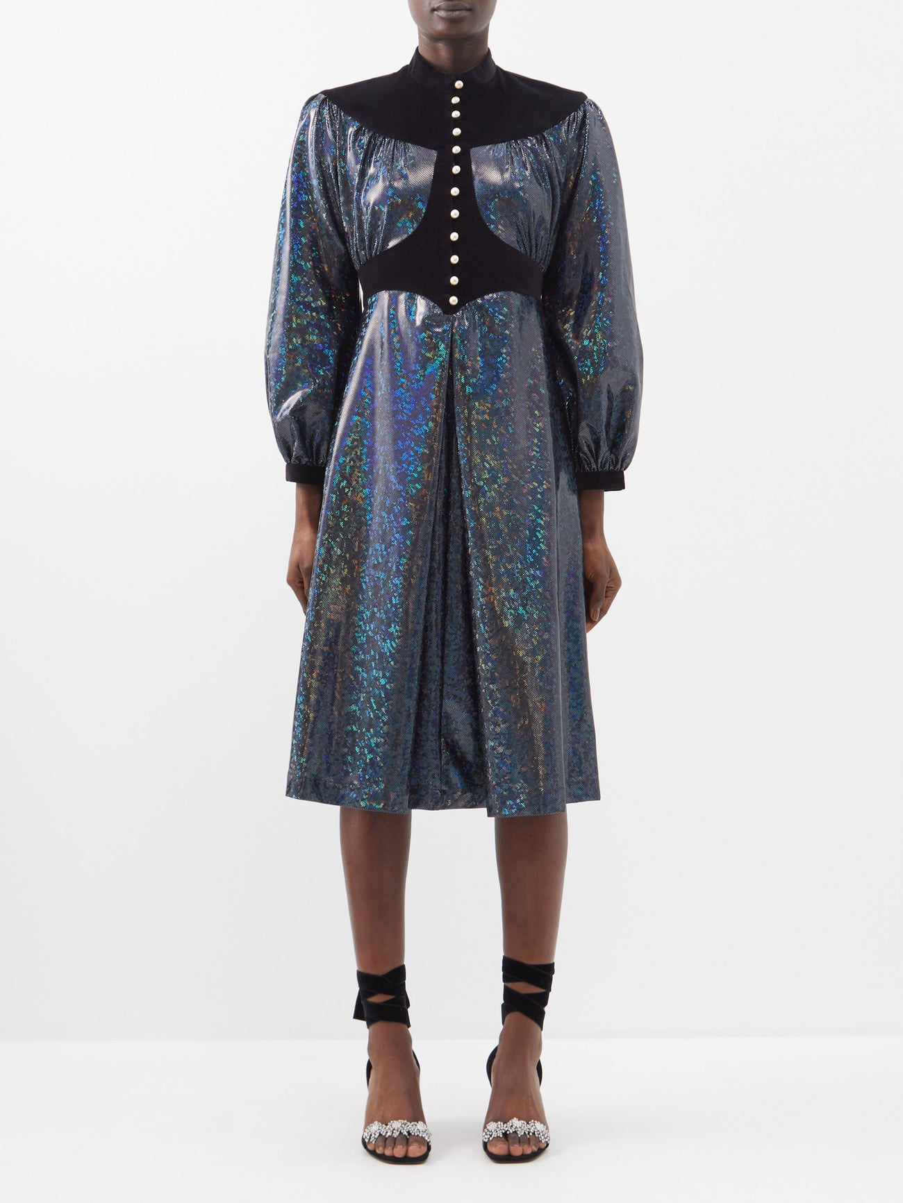 BATSHEVA Ashlyn Velvet-Trim Holographic-Lamé Dress in Grey | Endource