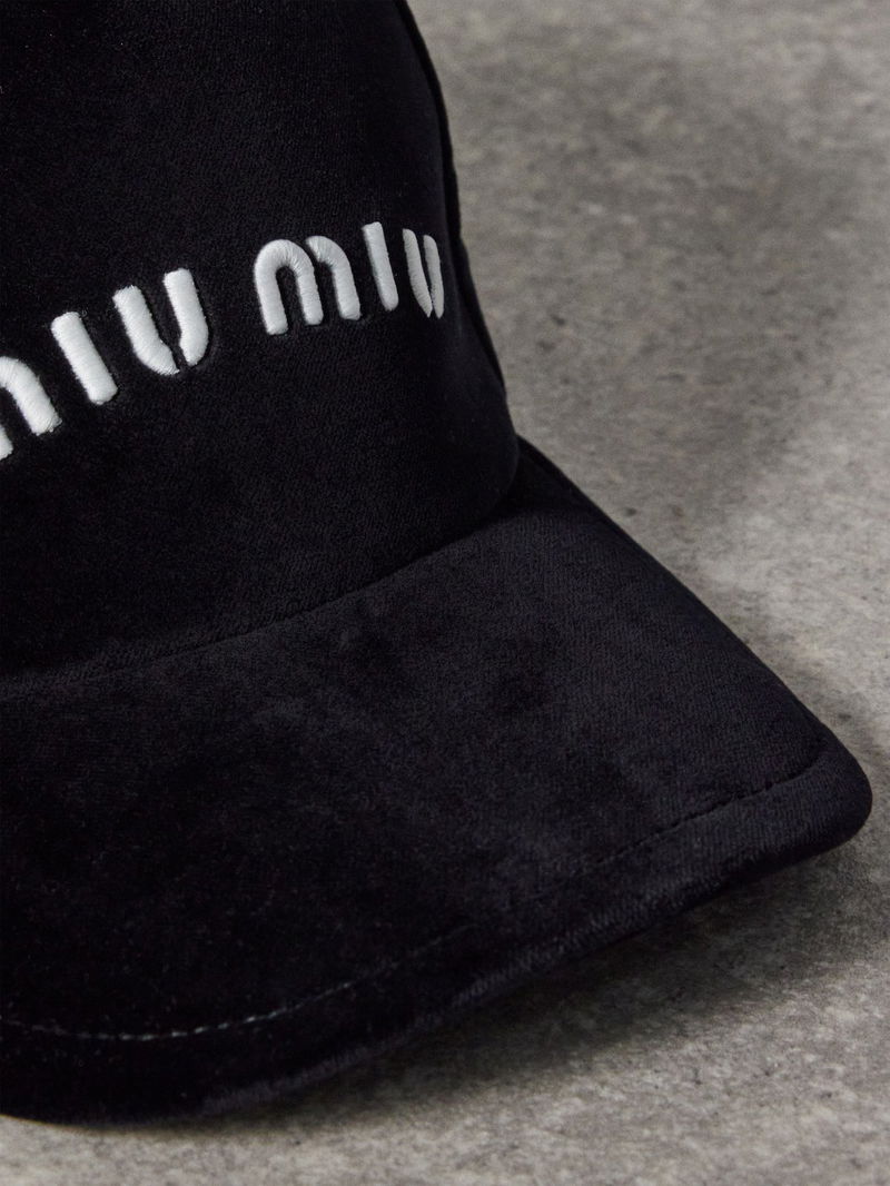 MIU MIU Logo-Embroidered Cotton-Velvet Cap in Black | endource