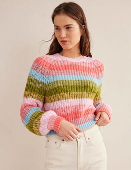 BODEN Fluffy Ribbed Raglan Jumper in Rainbow Stripe | Endource