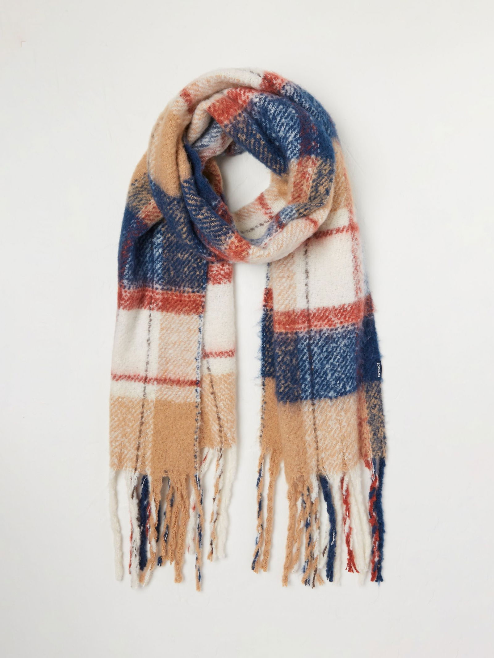FATFACE Nancy Large Check Scarf in Blue/Brown | Endource