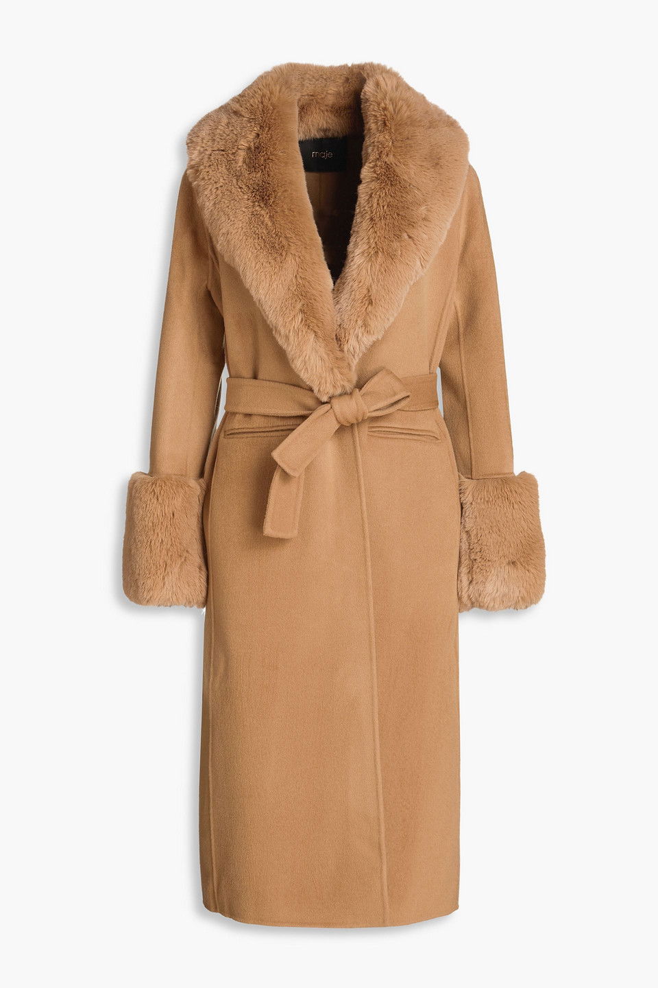 MAJE Faux Fur-Trimmed Brushed Wool Felt Coat in Brown | endource