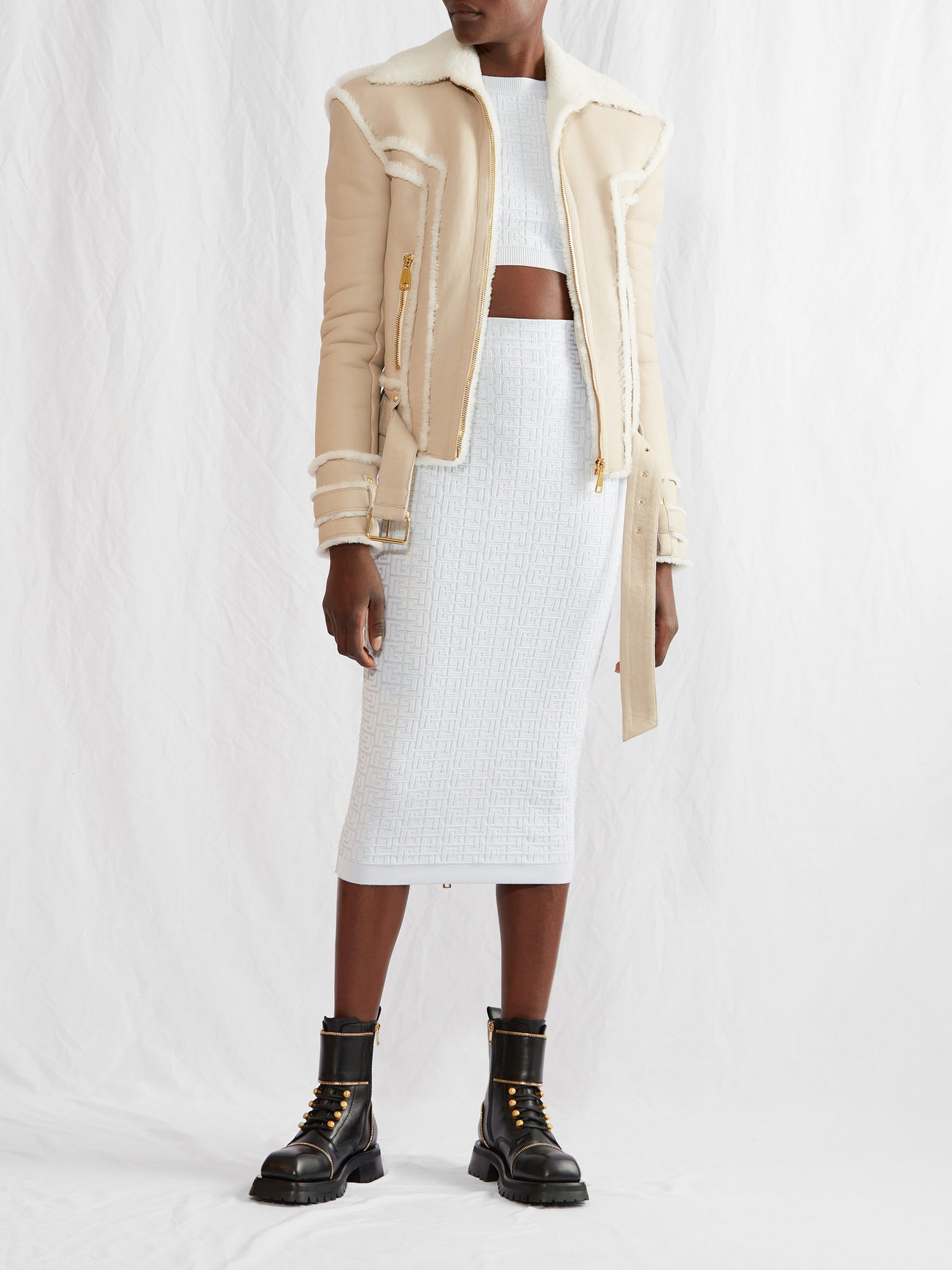 BALMAIN Padded-Shoulder Shearling Jacket in Beige | endource