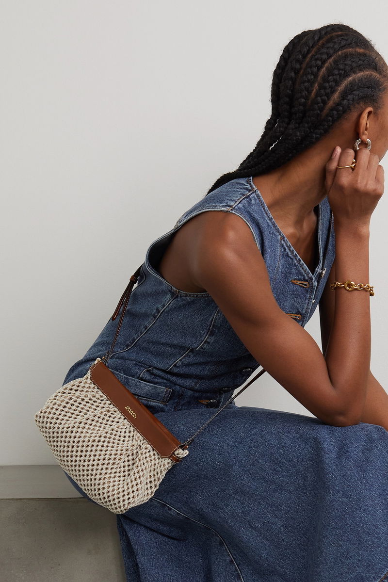 ISABEL MARANT Luz Studded Leather-Trimmed Woven Raffia Shoulder Bag in ...