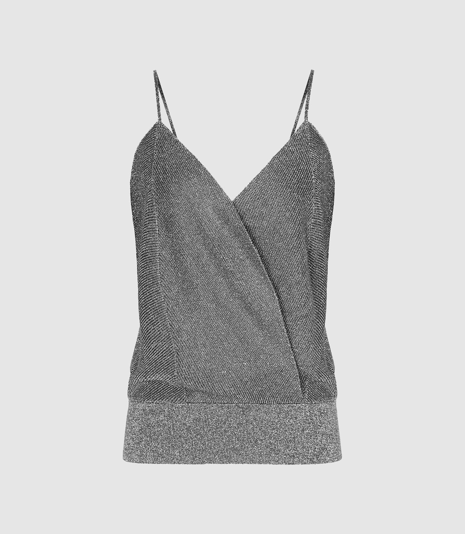 REISS Claudia Metallic Wrap Front Cami in Charcoal | endource
