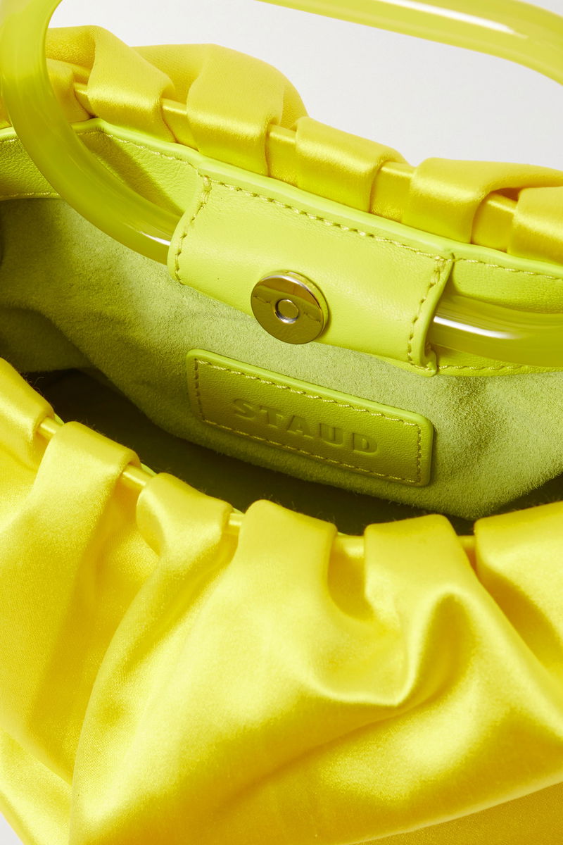 STAUD Cory Resin-Trimmed Ruched Satin Clutch in Yellow | Endource