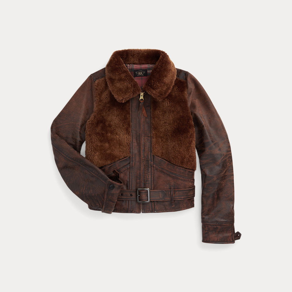 RALPH LAUREN RRL Shearling-Panelled Leather Jacket in Brown | endource