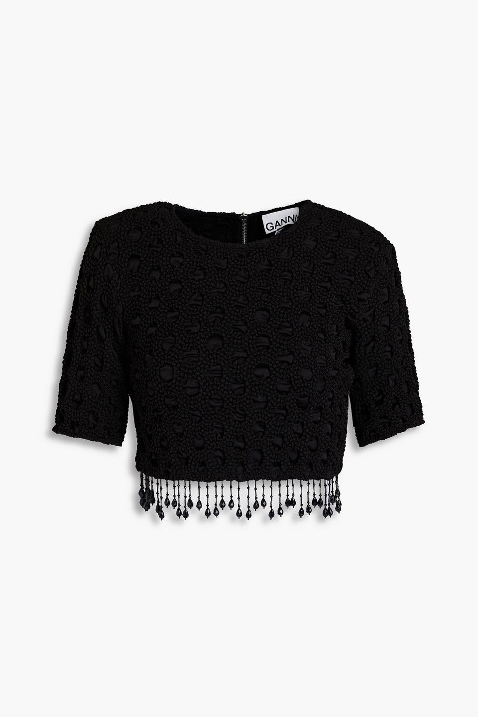 GANNI Cropped Beaded Crochet Top in Black | Endource