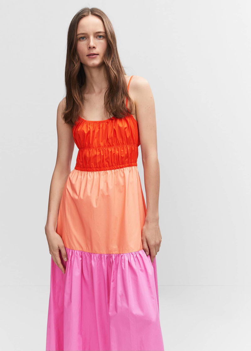MANGO Gathered Tricolor Dress in Fuchsia | endource