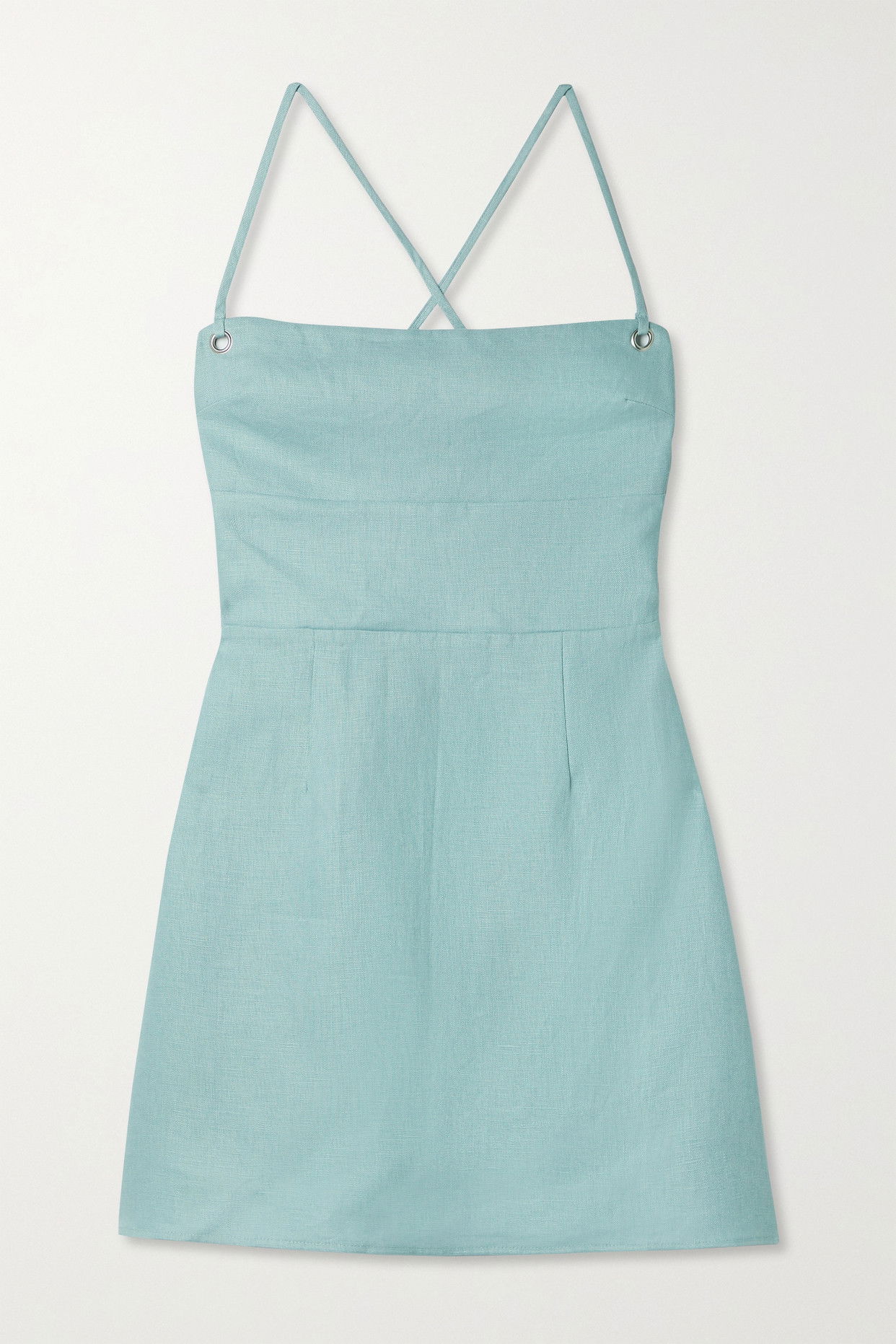 REFORMATION Karsten Open-Back Linen Mini Dress in Blue | endource