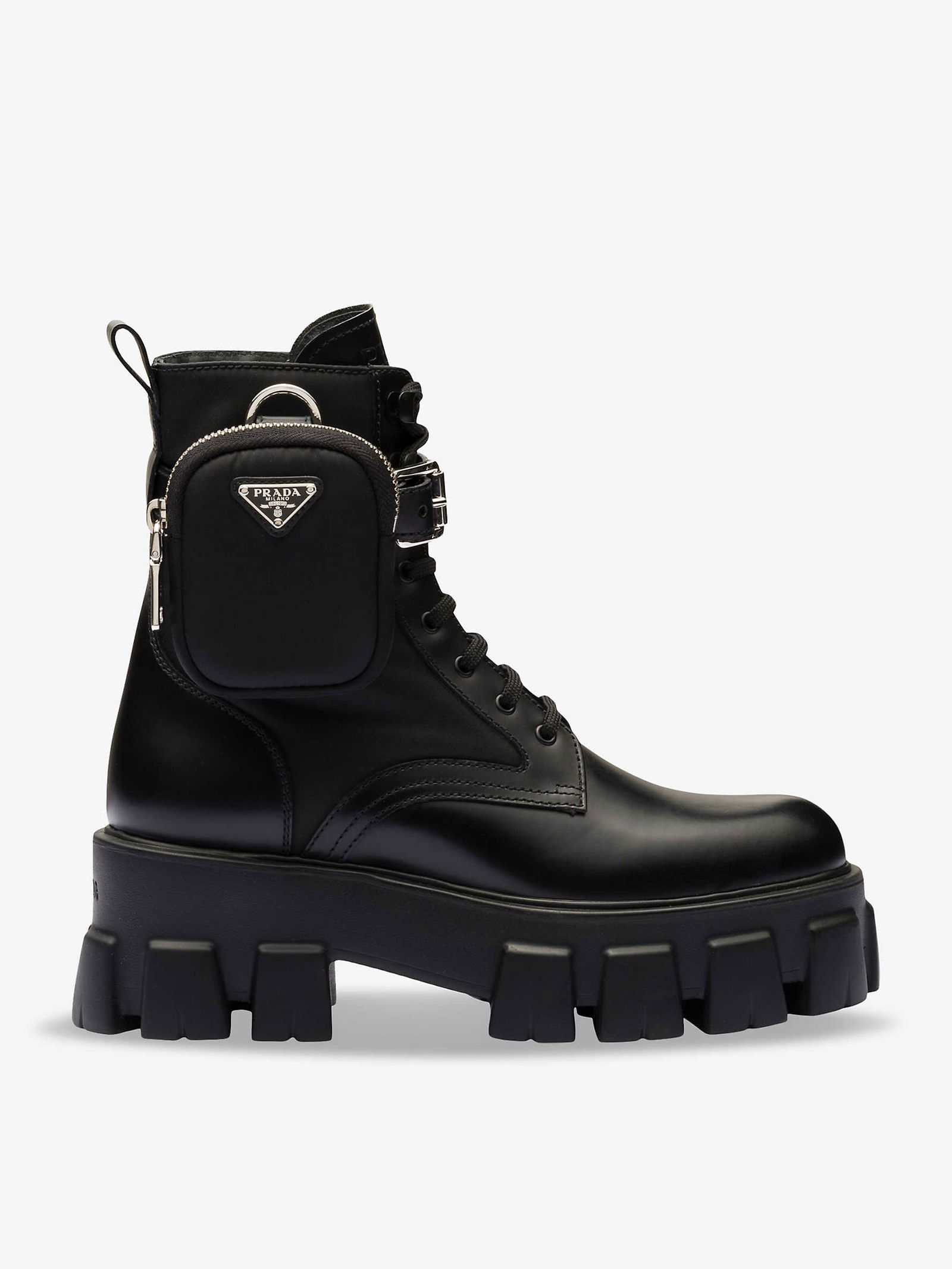 PRADA Monolith Pouch-Embellished Platform-Sole Leather Boots in BLACK ...