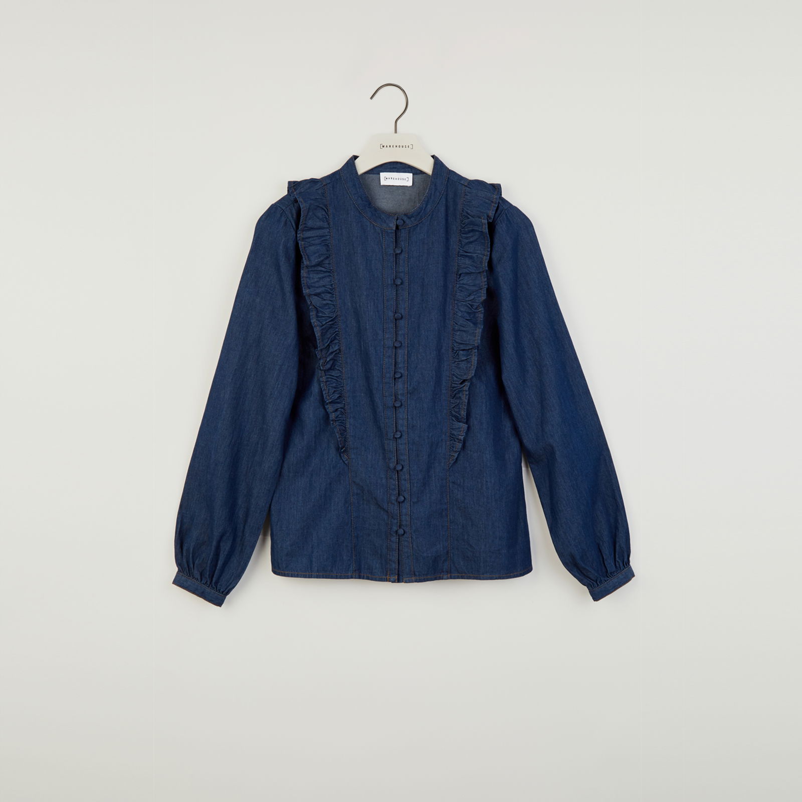 WAREHOUSE Denim Ruffle Detail Shirt in Dark Wash Denim | endource