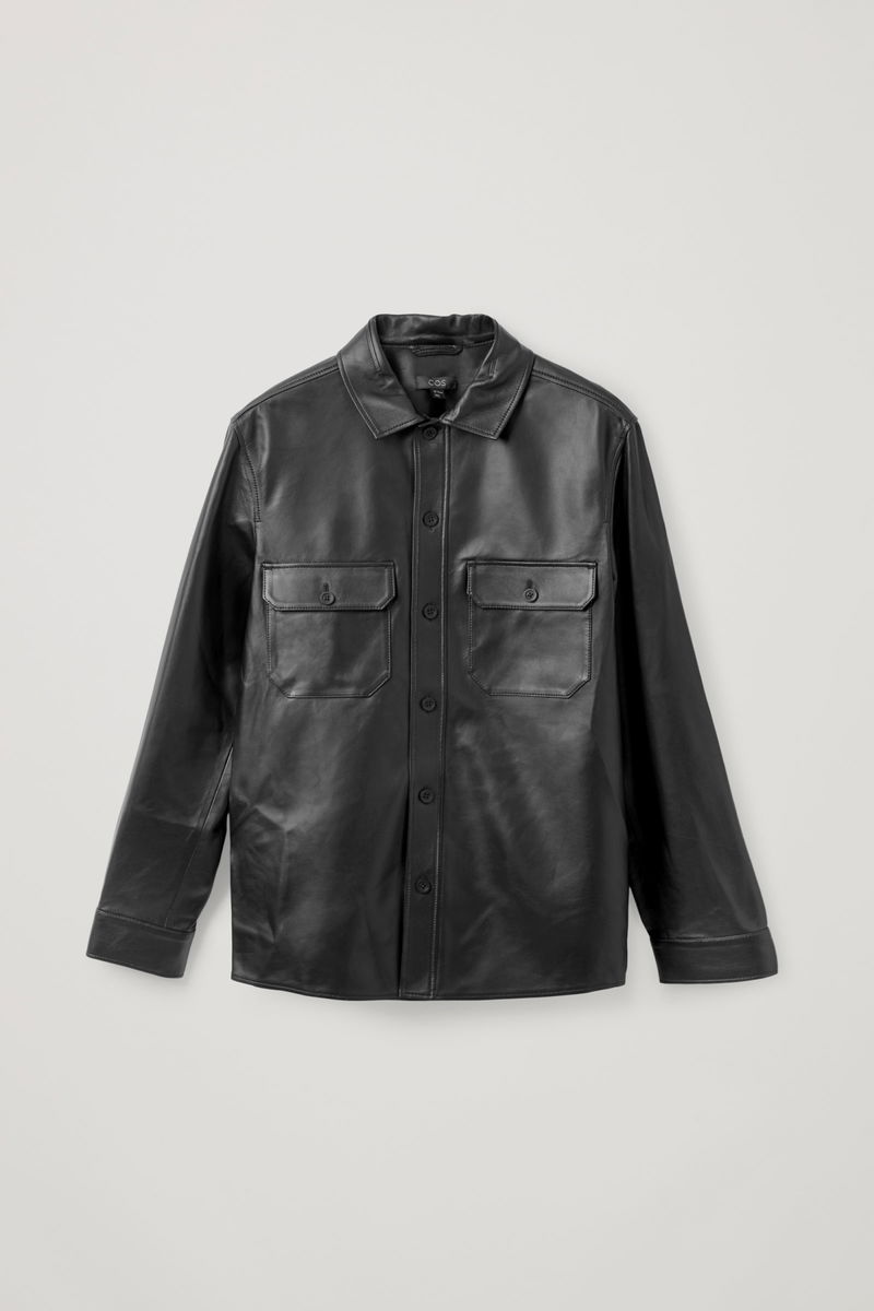 COS Lamb Leather Overshirt in black | endource